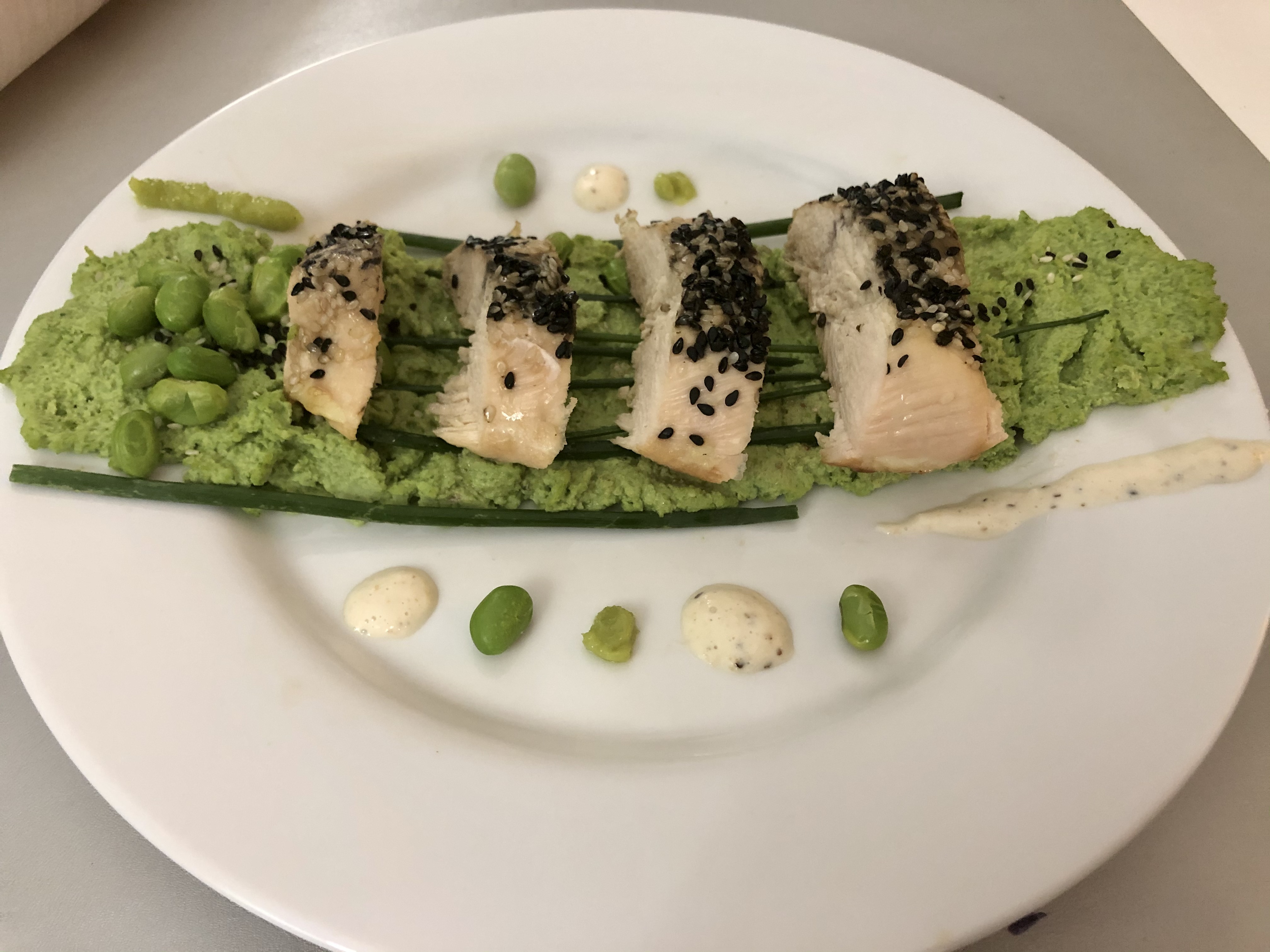 Edamame Purée Plated With Chicken – Nat’s Noshes